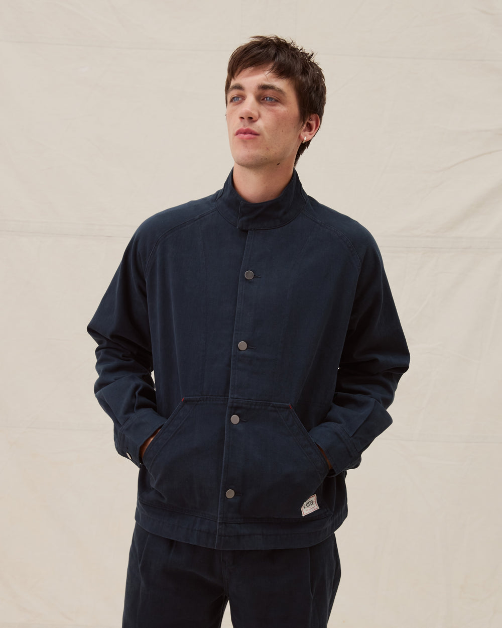 Fera Low Collar Jacket – Navy | Washed Cotton